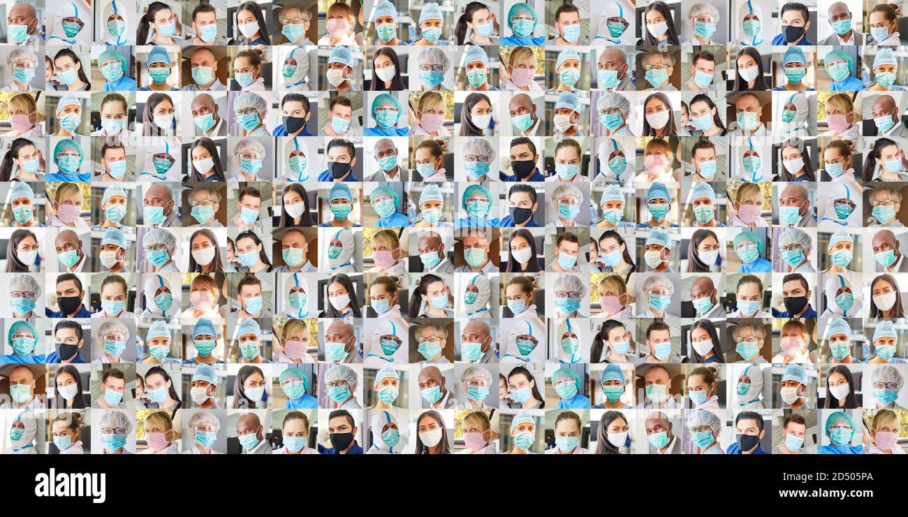 Panorama portrait collage of people and doctors with face masks during ...