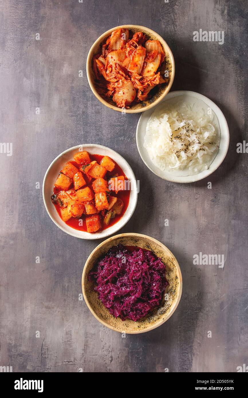 Variety of fermented food korean traditional kimchi cabbage and radish ...