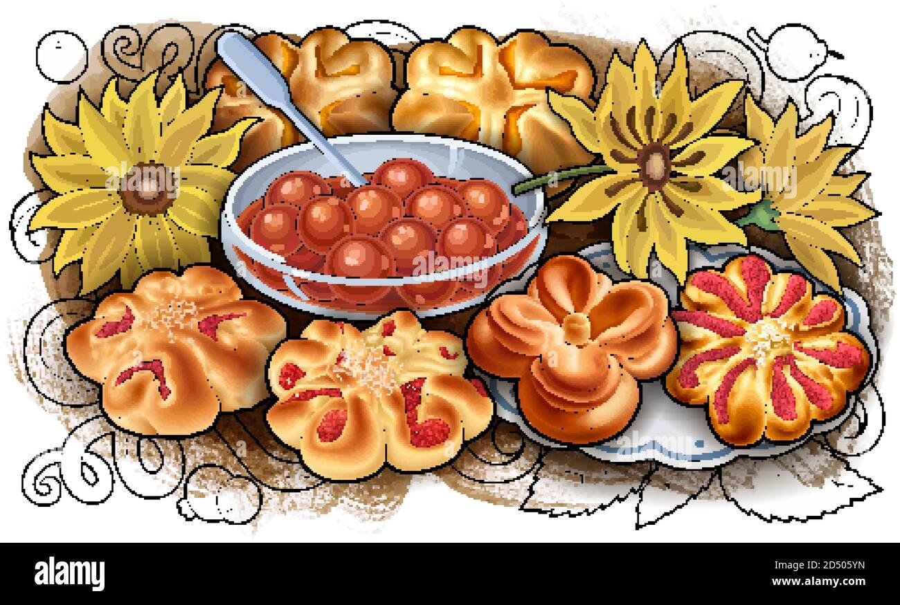 Buns, flowers, jam hand drawn vector doodle illustration Stock Vector ...