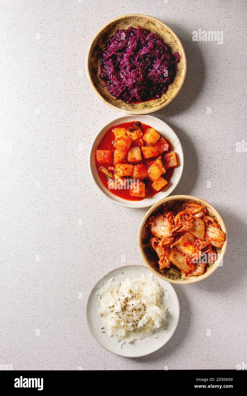 Variety of fermented food korean traditional kimchi cabbage and radish ...