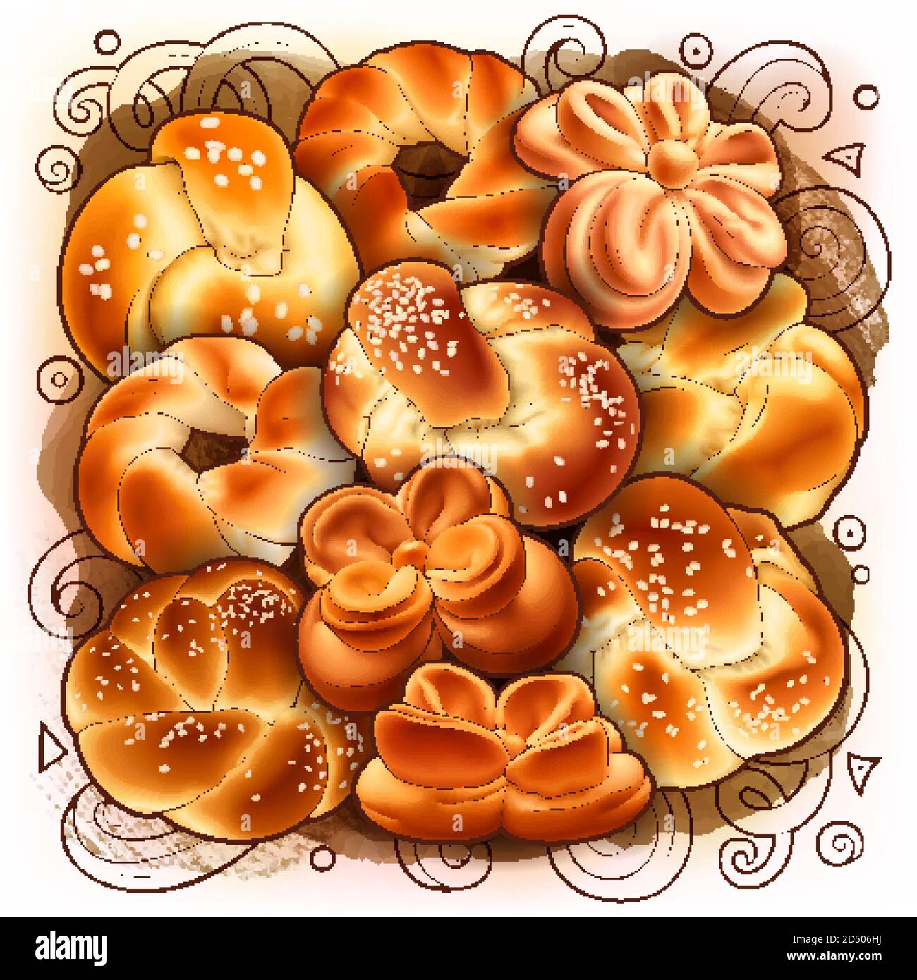 Buns and pastries hand drawn vector doodle colorful illustration Stock ...