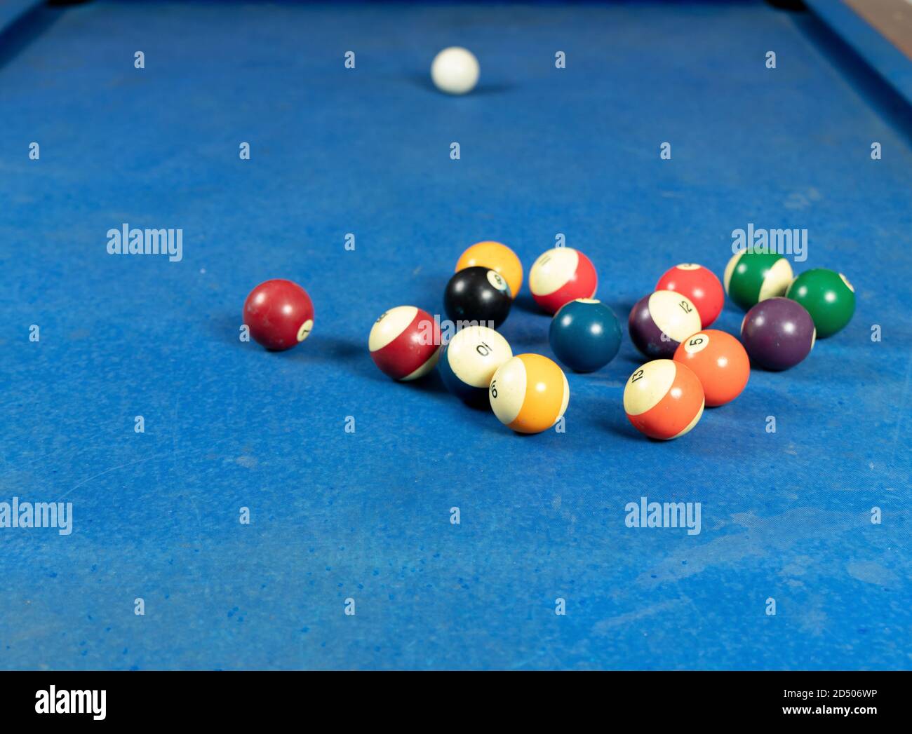 Selective focus shot of colorful billiard balls on pool blue table ...