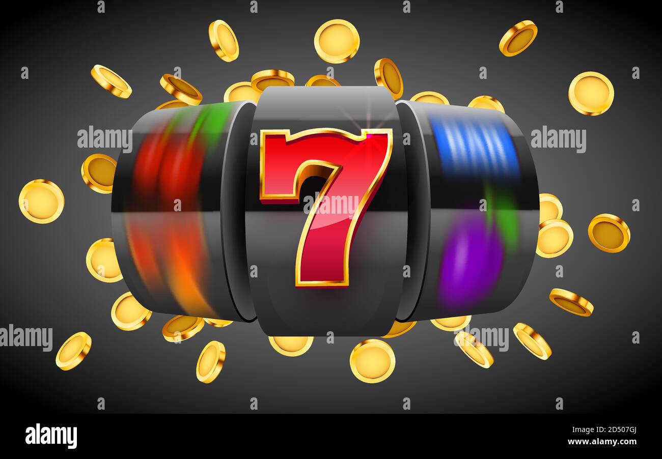 Black slot machine with flying golden coins wins the jackpot. Big win ...
