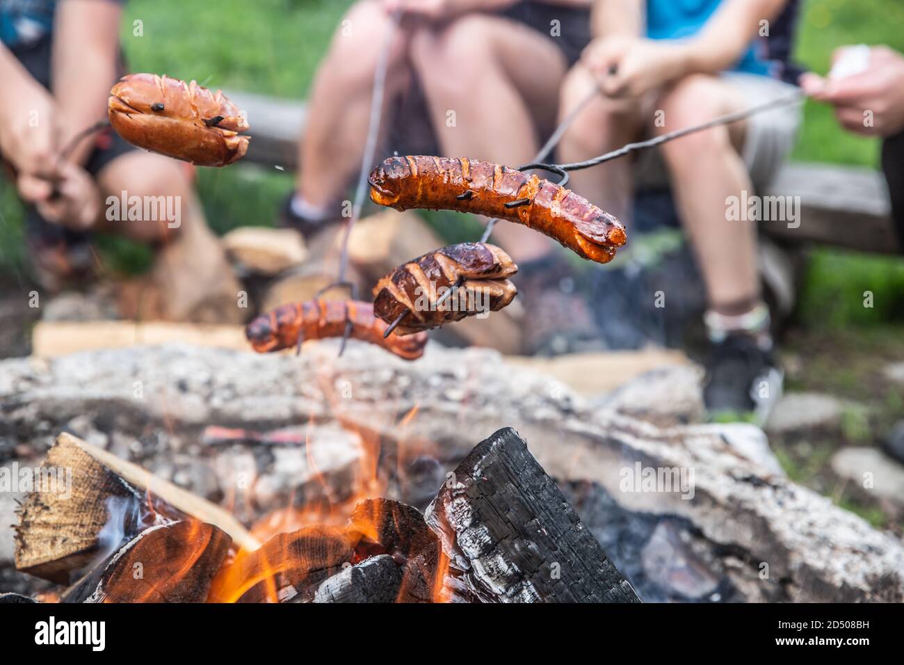 Friends roast sausages over an open fire outdoors Stock Photo - Alamy