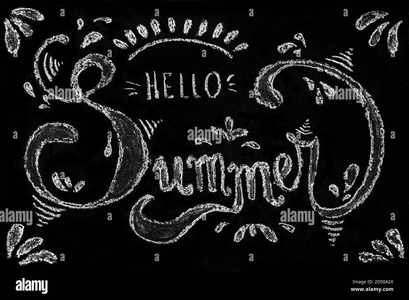 Summer theme. Chalk handwritten decorative lettering Hello summer on ...