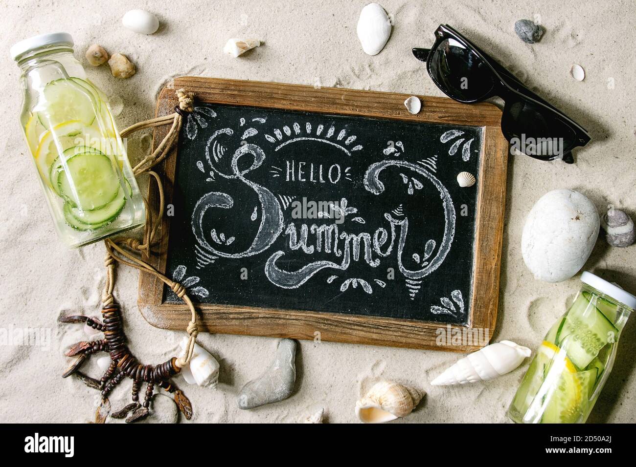 Summer theme. Chalk lettering Hello summer on vintage chalkboard ...
