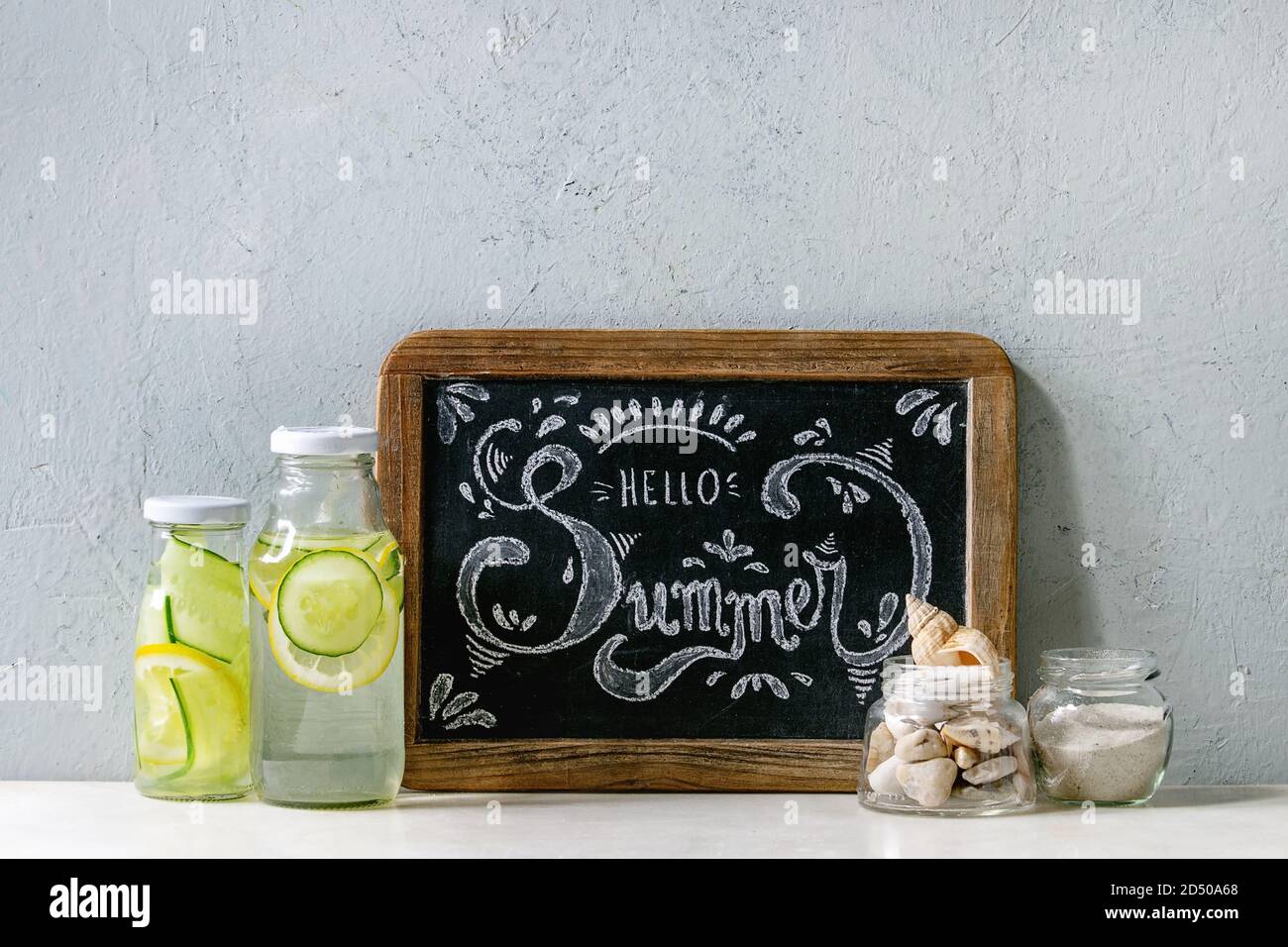 Summer theme. Chalk lettering Hello summer on vintage chalkboard ...