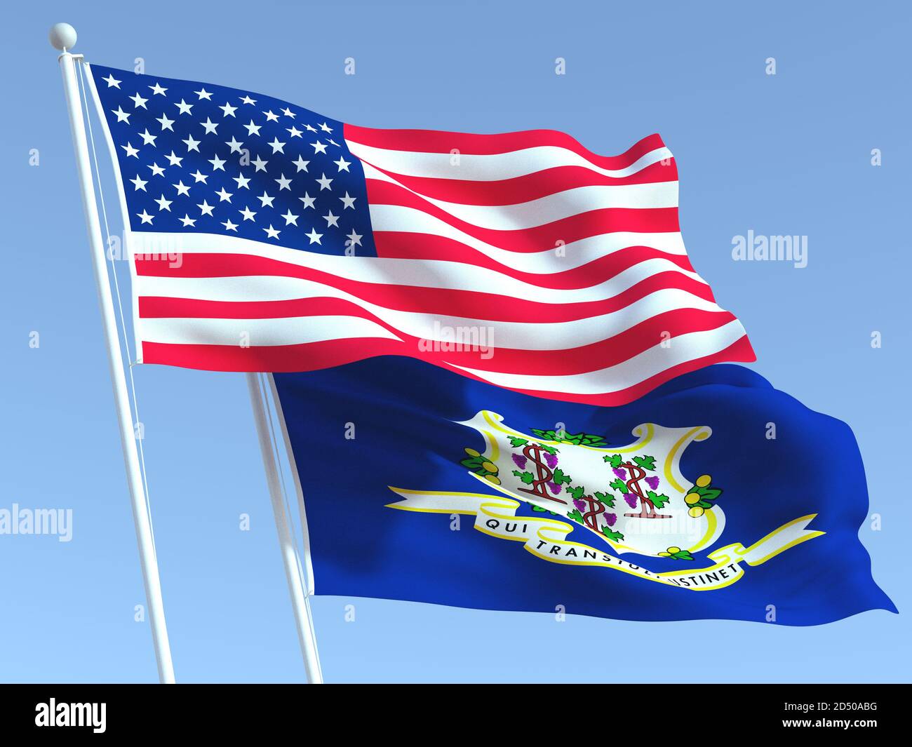 Two waving state flags of United States and Connecticut state on the ...