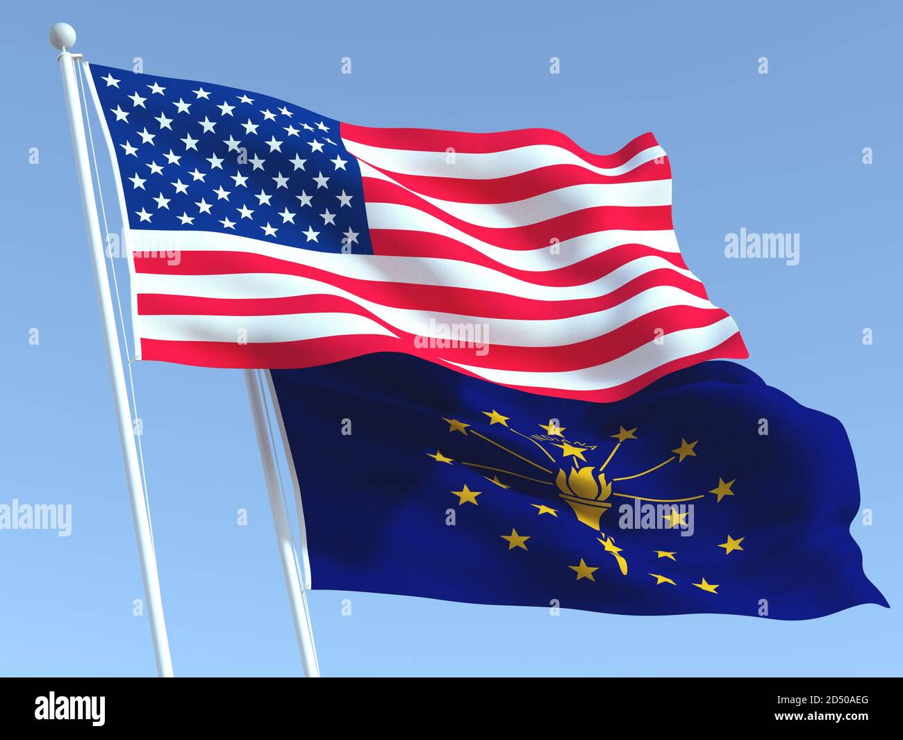 Two waving state flags of United States and Indiana state on the blue ...