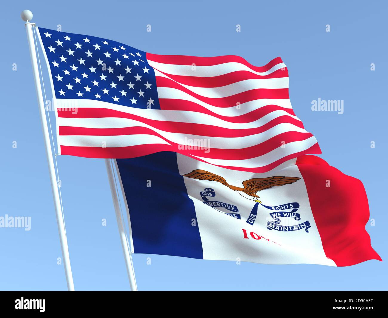 Two waving state flags of United States and Iowa state on the blue sky ...