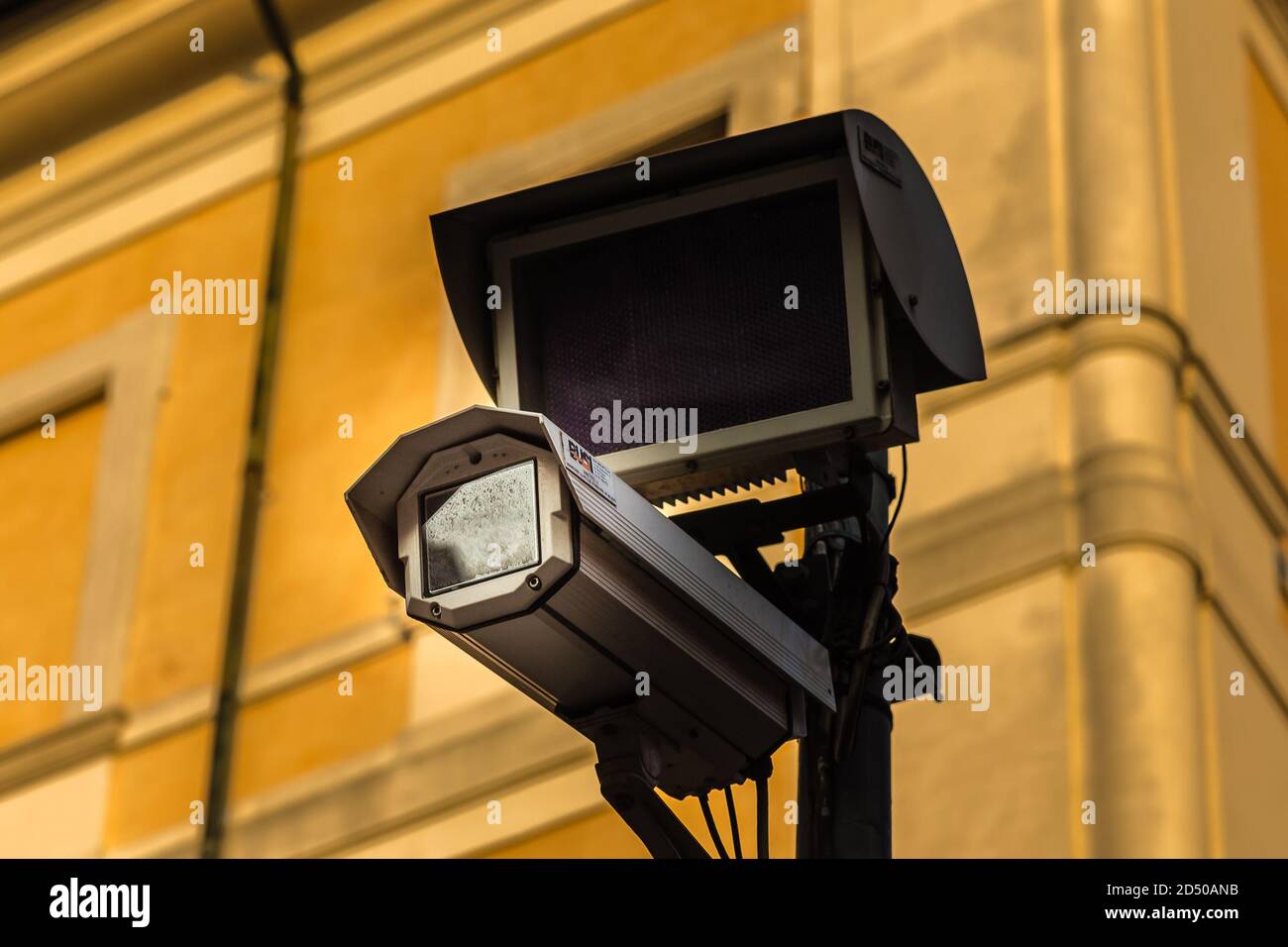 RAVENNA, ITALY - FEBRUARY 19, 2019: cameras are monitoring the entry to ...