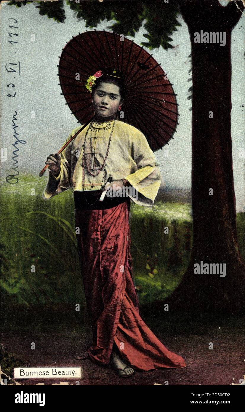 Burmese Beauty, Junge Frau in Tracht, Schirm, Rock | usage worldwide ...