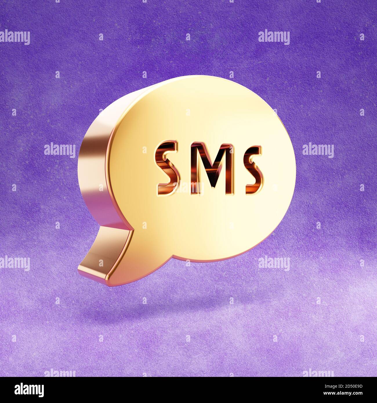 SMS icon. Gold glossy SMS symbol isolated on violet velvet background ...