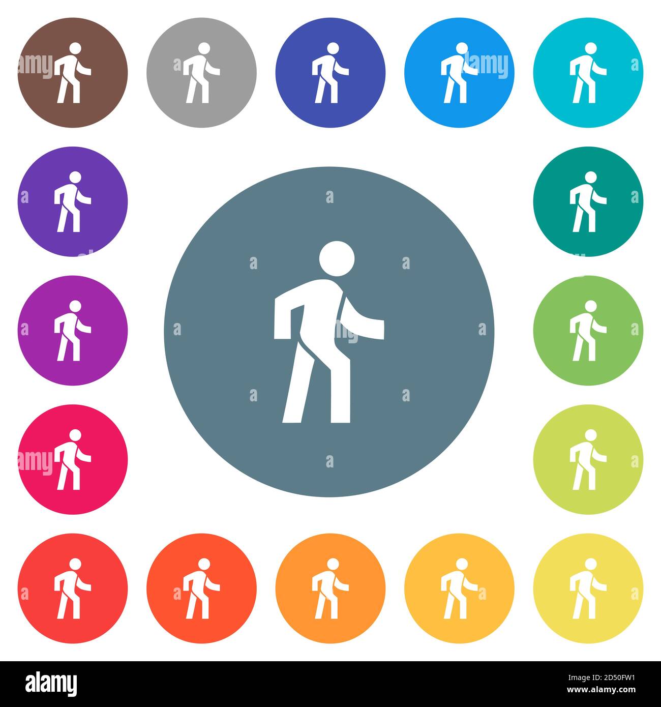 Man walking right flat white icons on round color backgrounds. 17 ...