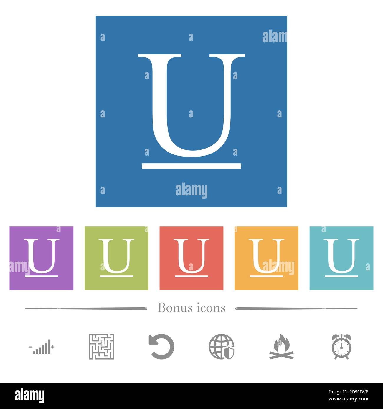 Underlined font type flat white icons in square backgrounds. 6 bonus ...