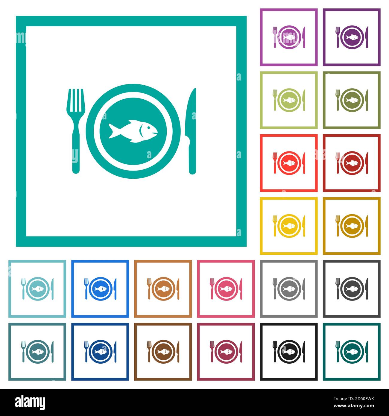 Fish for lunch flat color icons with quadrant frames on white ...
