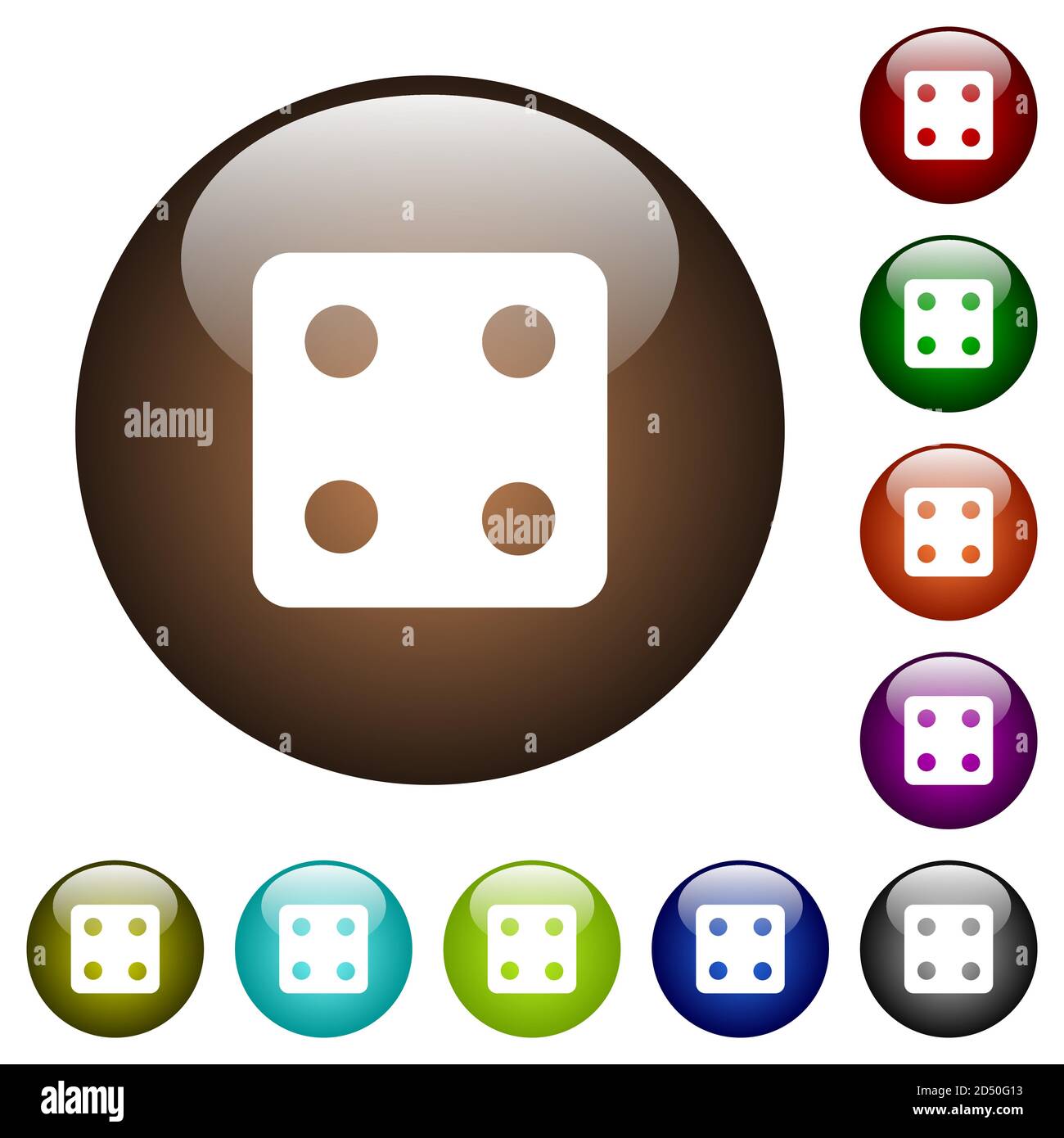 Dice four white icons on round glass buttons in multiple colors Stock ...