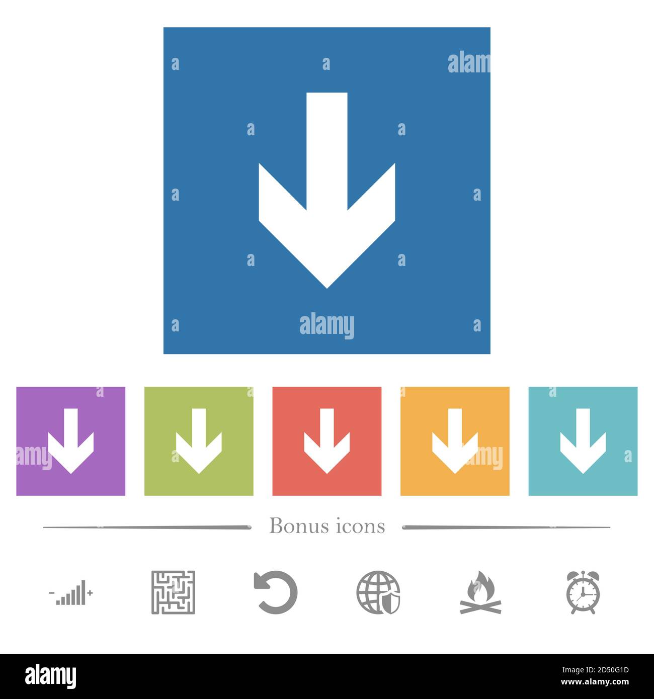 Down arrow flat white icons in square backgrounds. 6 bonus icons ...