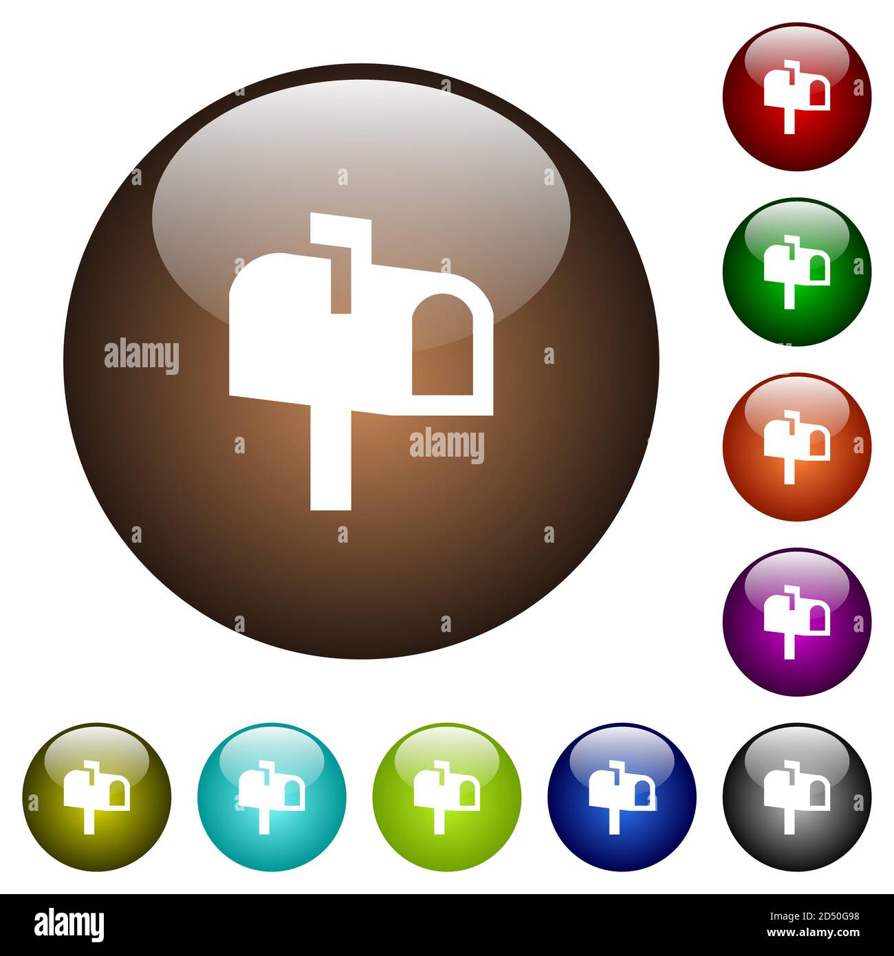Mailbox white icons on round glass buttons in multiple colors Stock ...