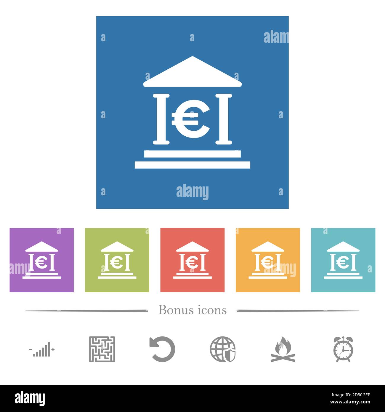 Euro bank office flat white icons in square backgrounds. 6 bonus icons ...