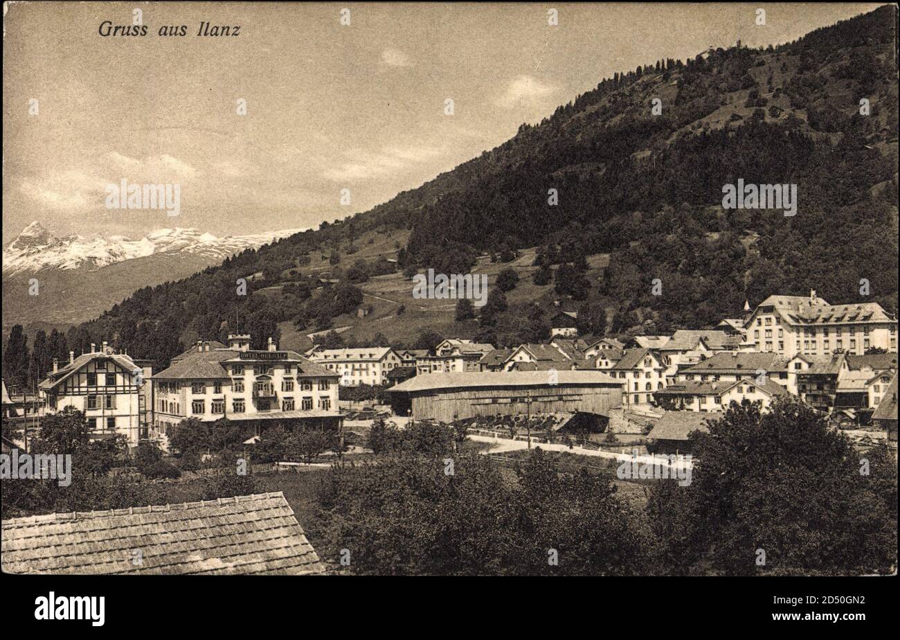 Ilanz Kanton Graubünden, Blick auf den Ort, Gebirge | usage worldwide ...