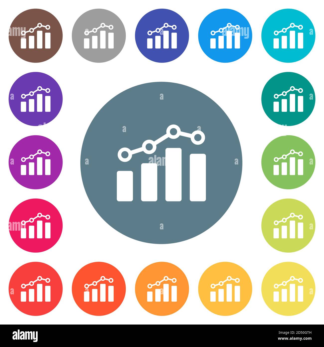 Bar graph with circles and lines flat white icons on round color ...