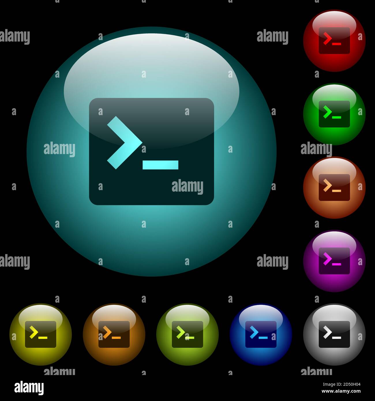 Command terminal icons in color illuminated spherical glass buttons on ...