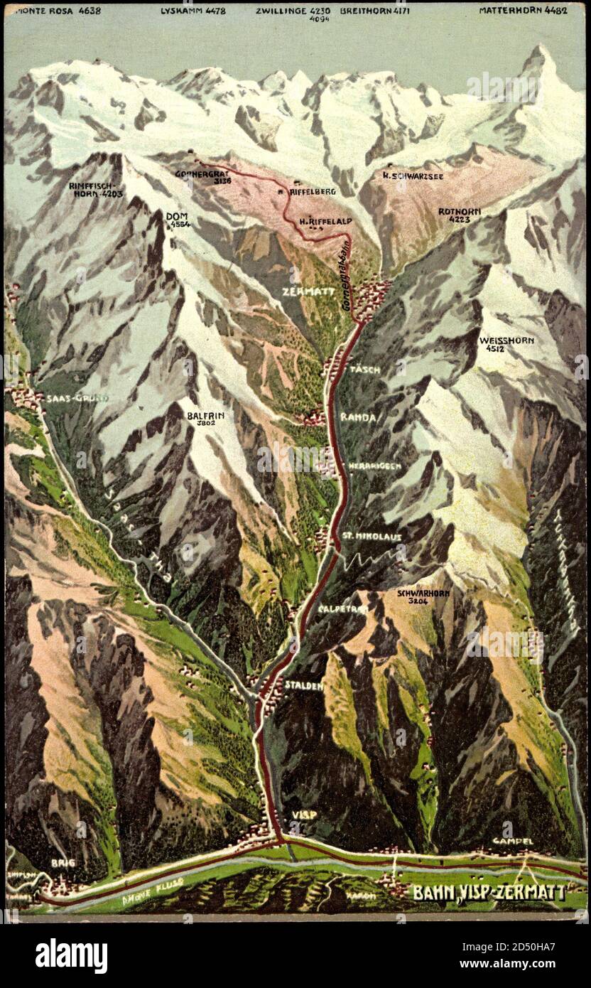 Landkarten Zermatt Kanton Wallis, Bahn Visp, Alpen | usage worldwide ...