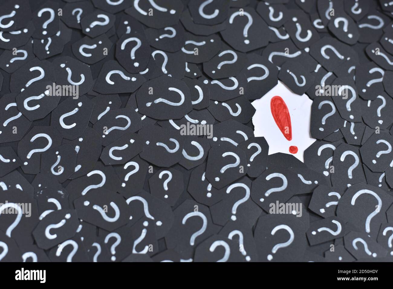 Exclamation mark on a question mark background. Concept of decision ...