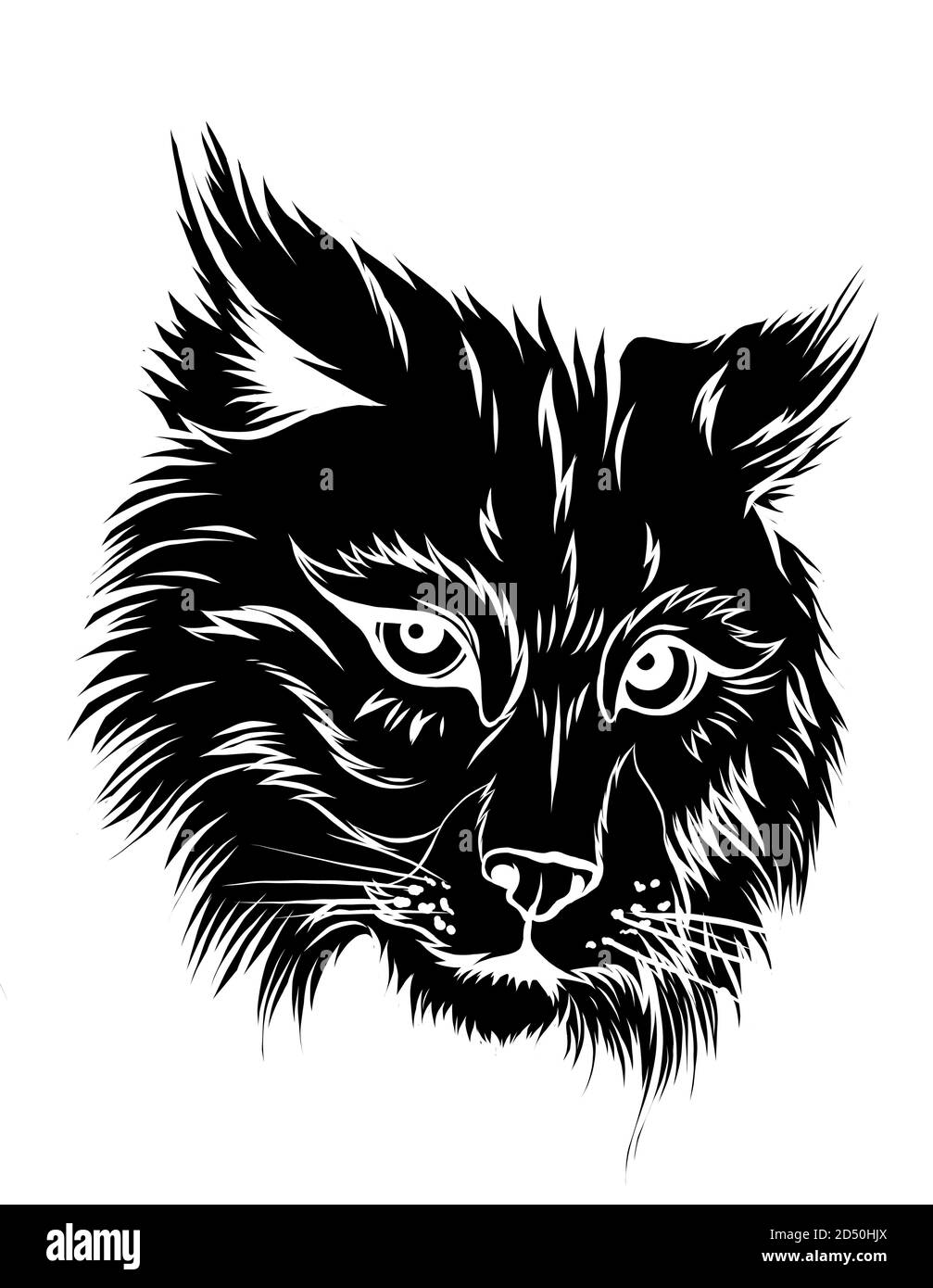 The illustration shows an angry bobcat face. The wild animal has sharp ...