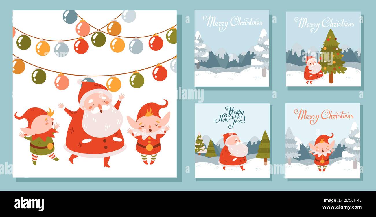 Set of Christmas square illustrations with Santa and elves. Winter landscape Stock Vector Image ...