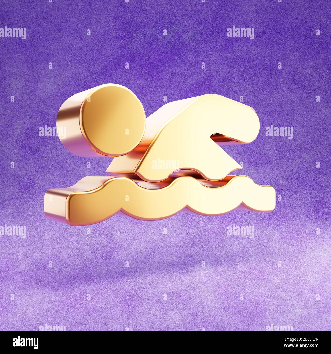 Swimmer icon. Gold glossy Swimmer symbol isolated on violet velvet ...