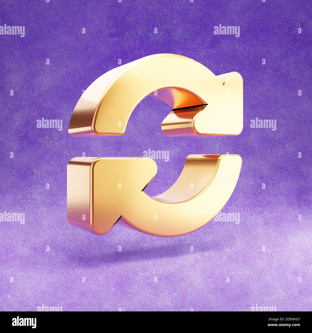Sync icon. Gold glossy Sync symbol isolated on violet velvet background ...