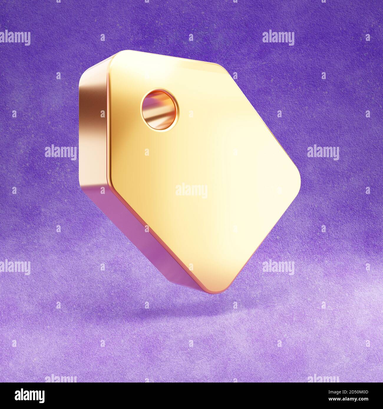 Price tag icon. Gold glossy Price tag symbol isolated on violet velvet ...