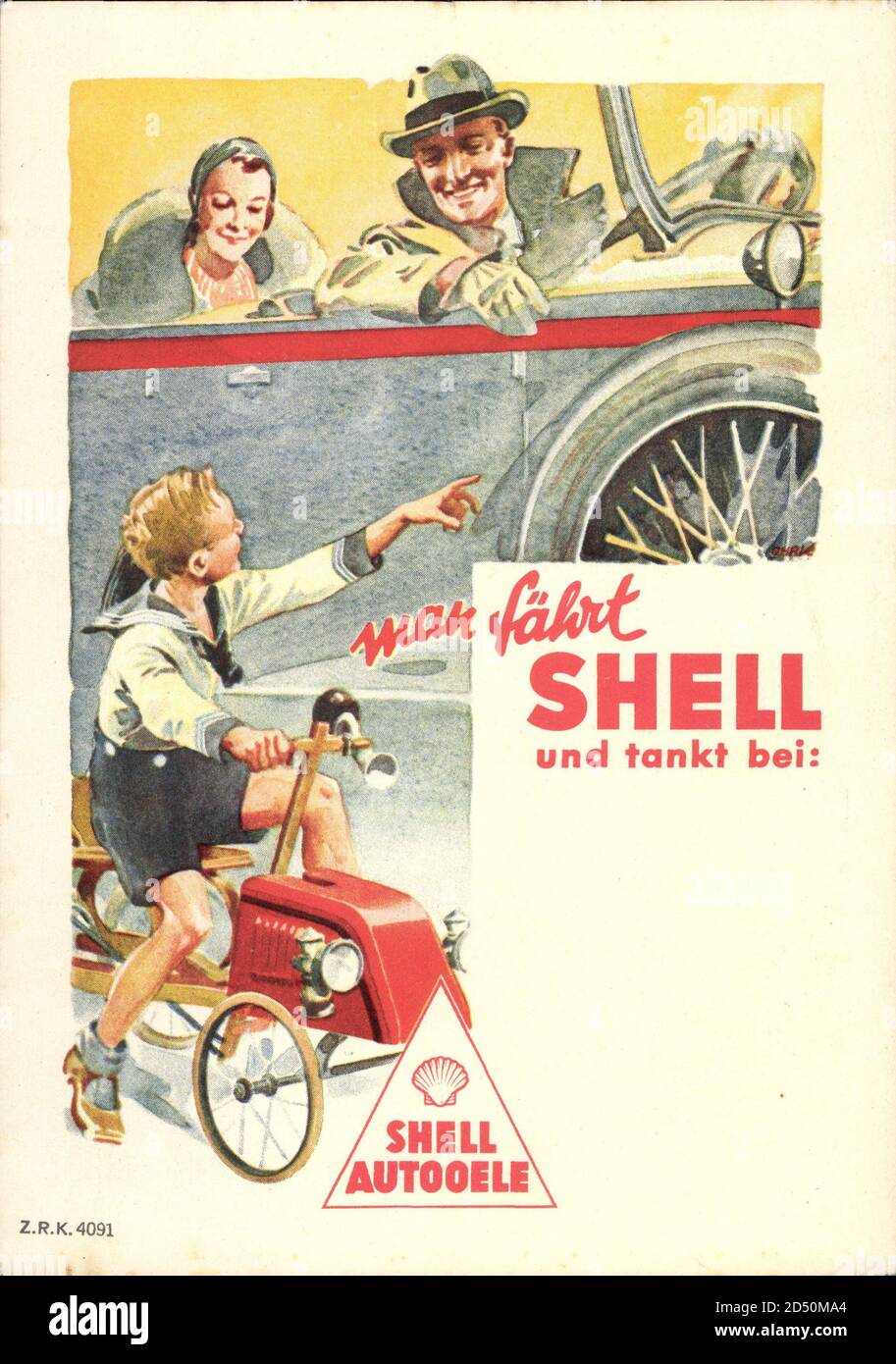 Reklame für Shell, Kind auf Spielzeugauto, Auto, Zweitürer | usage ...