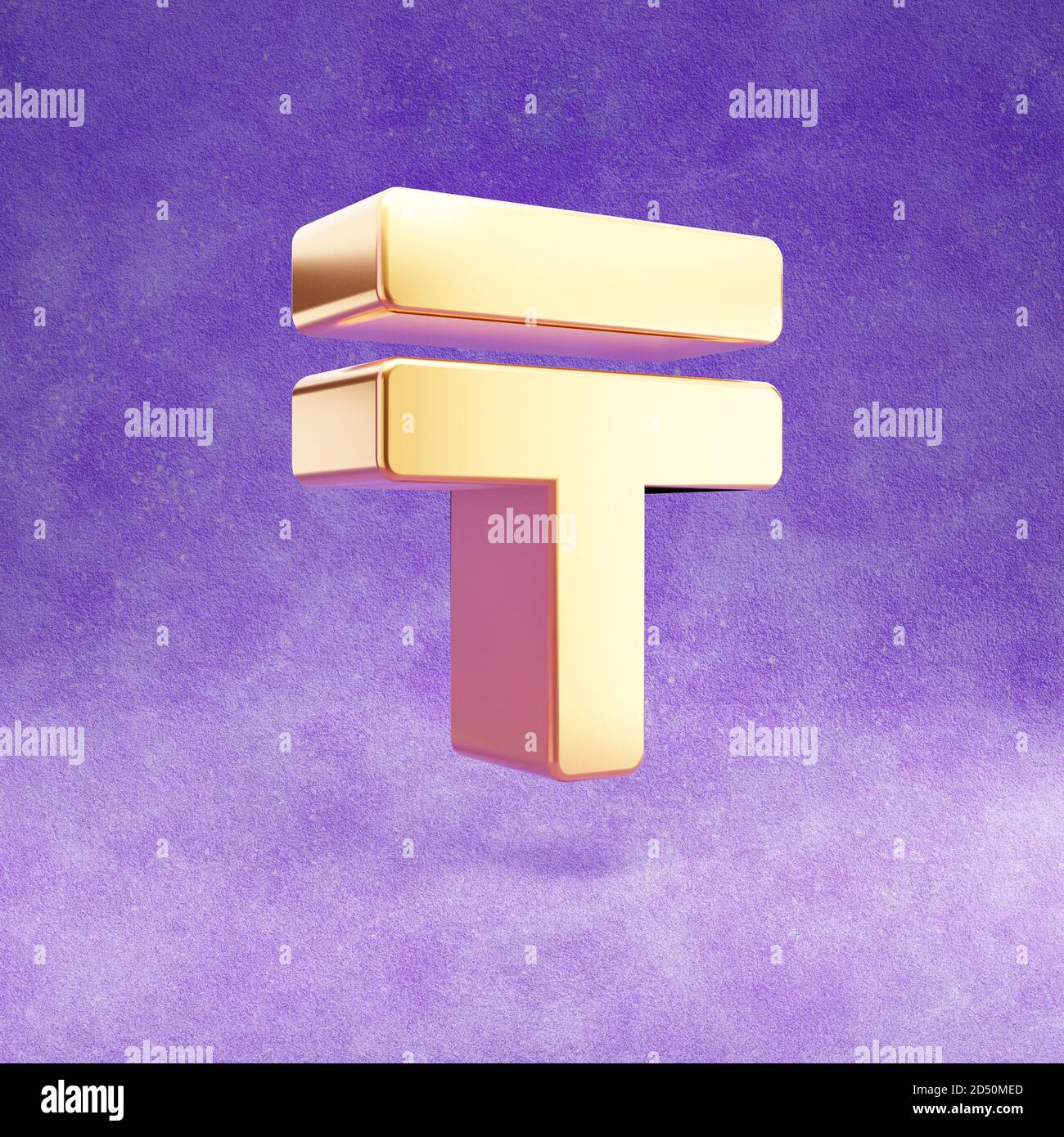 Tenge icon. Gold glossy Tenge symbol isolated on violet velvet ...