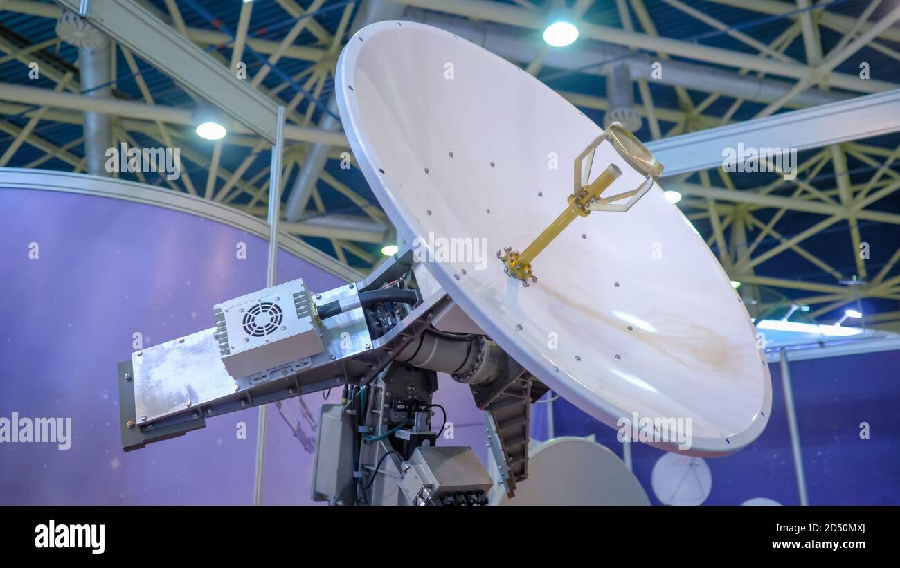 White rotating satellite dish antenna, VSAT parabolic receiver using to ...