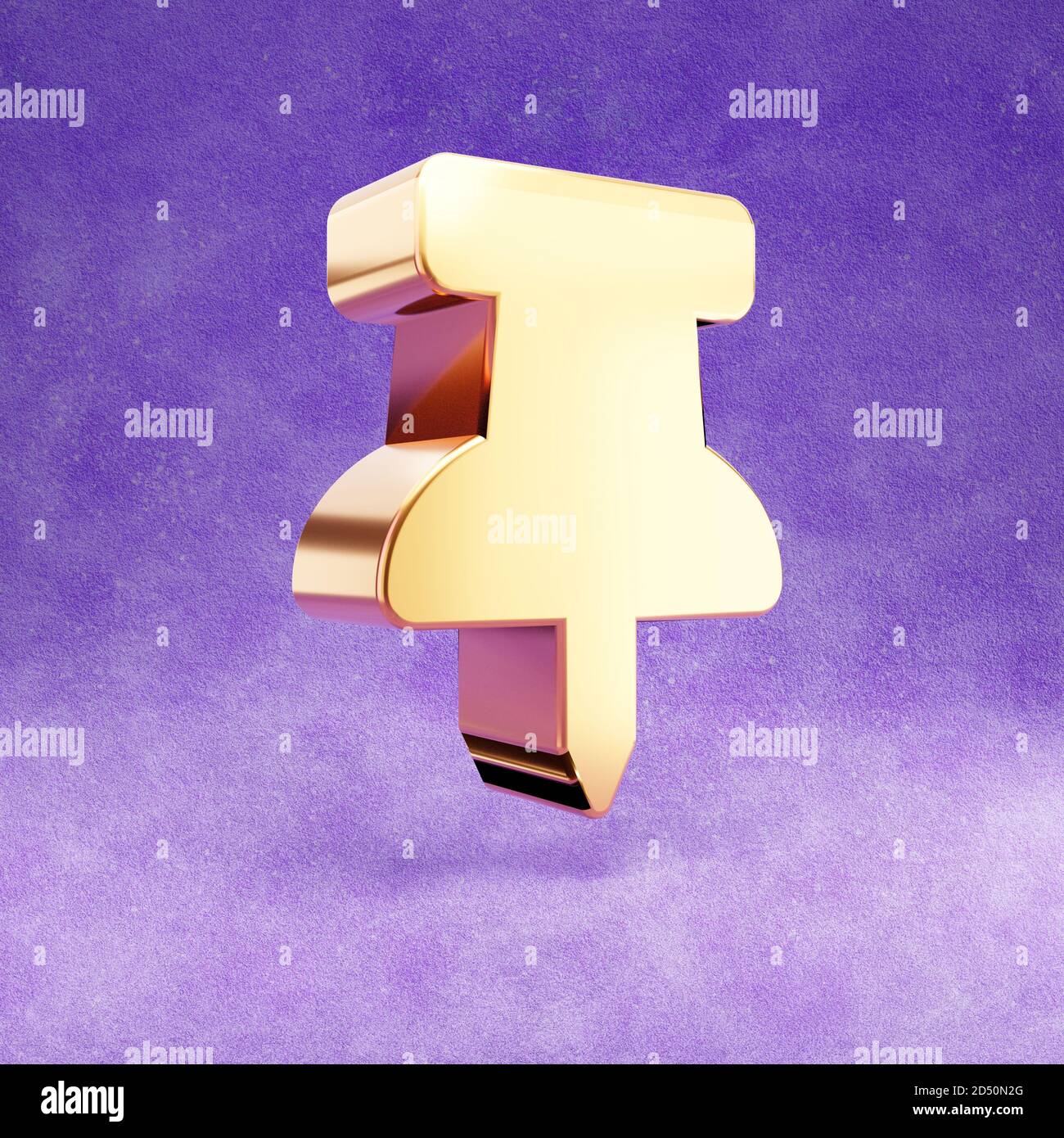 Thumbtack icon. Gold glossy Thumbtack symbol isolated on violet velvet ...