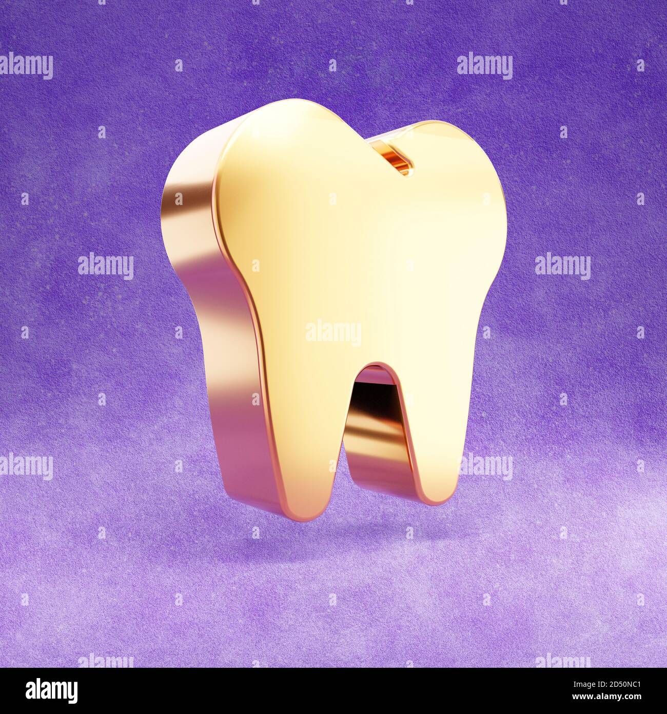 Tooth icon. Gold glossy Tooth symbol isolated on violet velvet ...