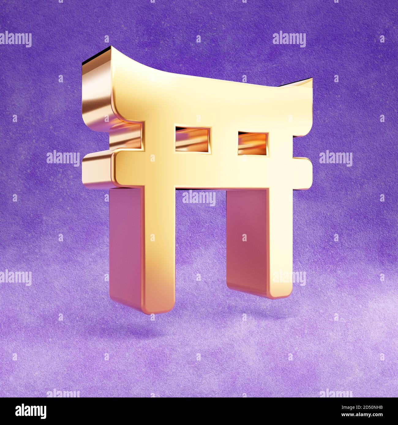 Torii gate icon. Gold glossy Torii gate symbol isolated on violet ...
