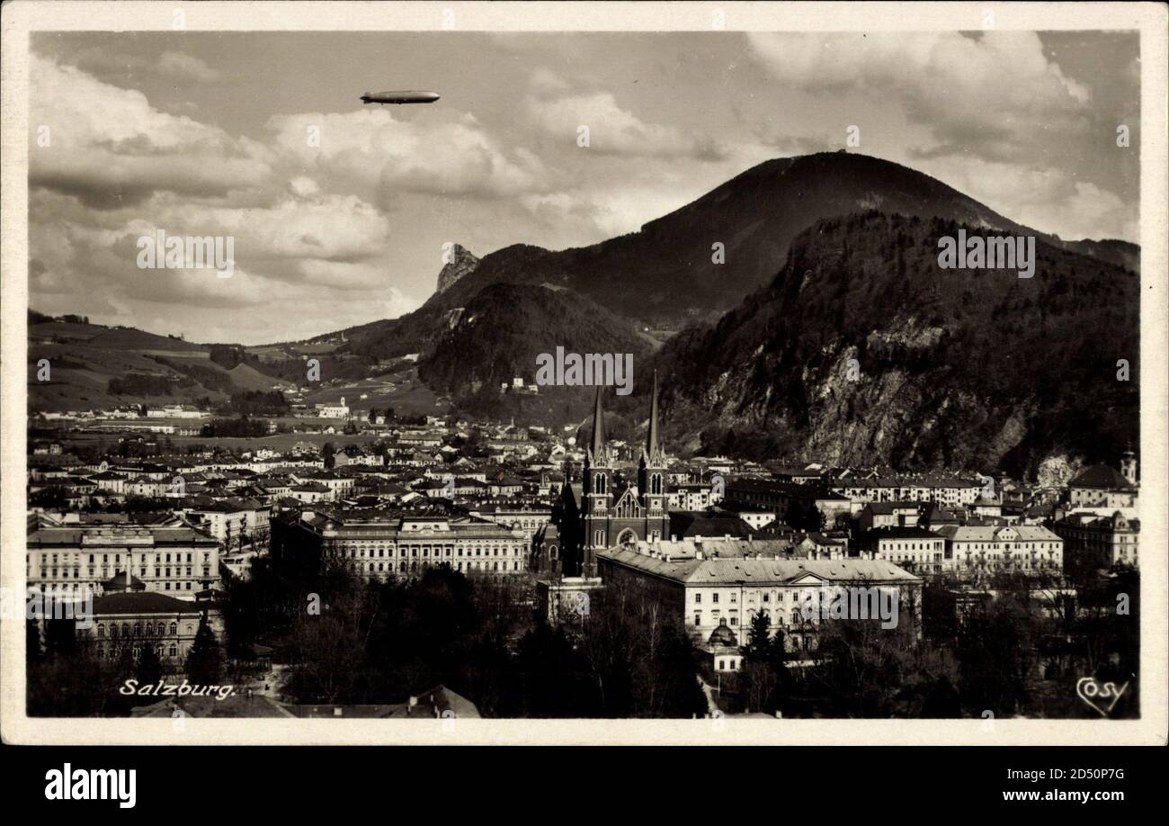 Stadt Salzburg, Panorama, Zeppelin über dem Ort, LZ 127 | usage ...