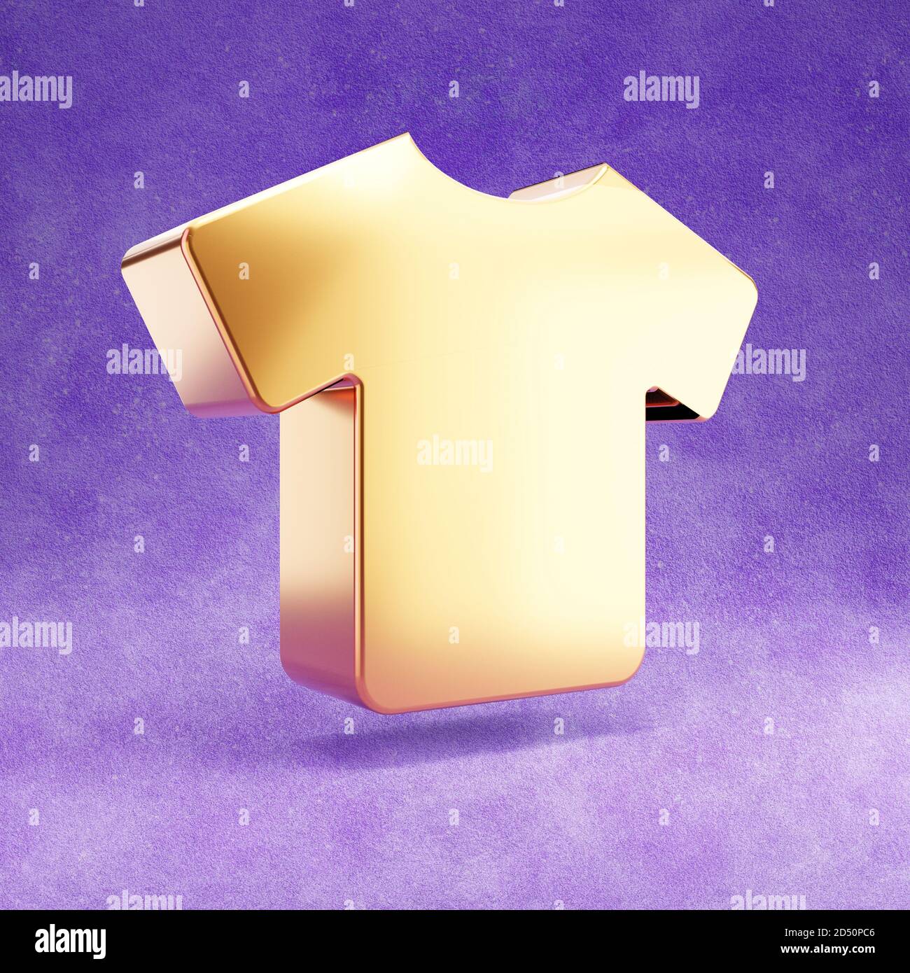T-shirt icon. Gold glossy T-shirt symbol isolated on violet velvet ...