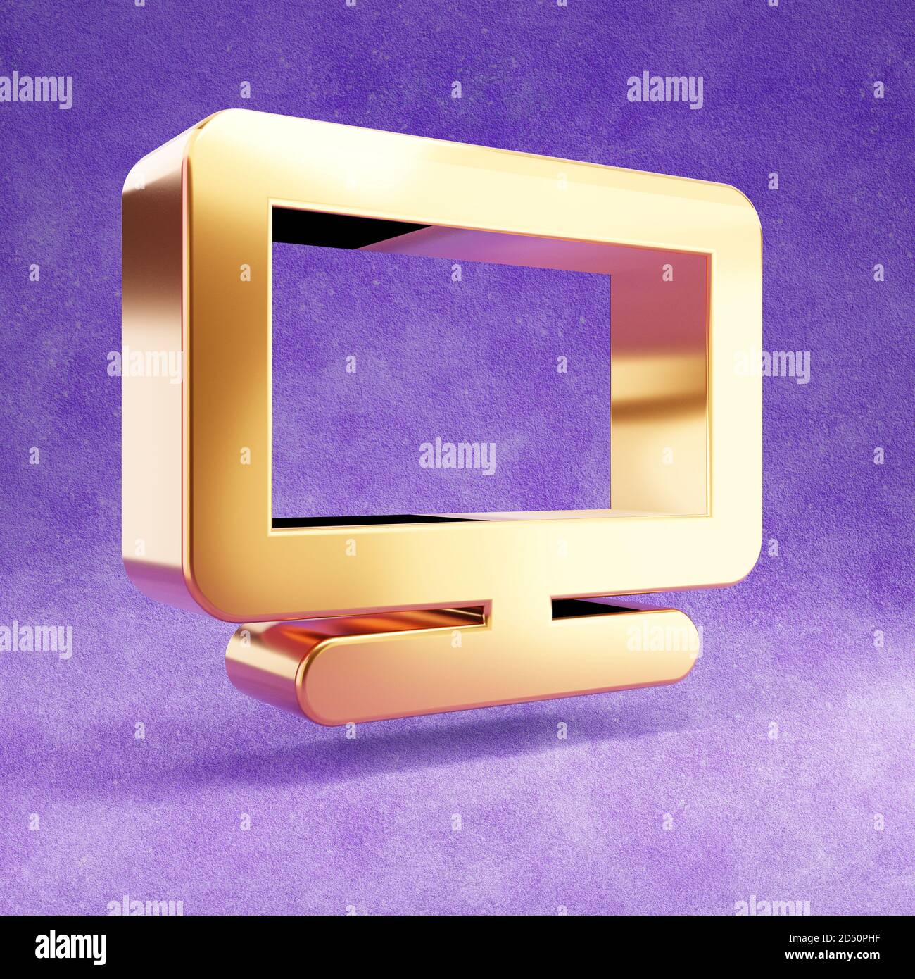 TV icon. Gold glossy TV symbol isolated on violet velvet background ...