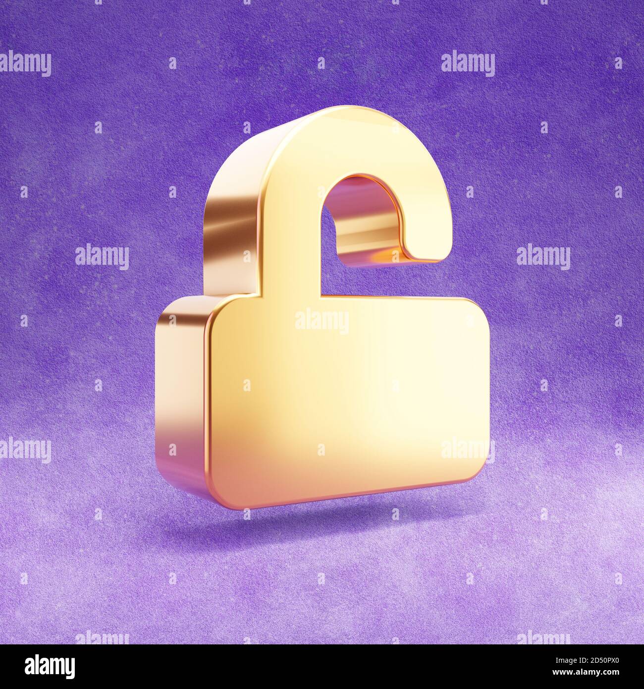 Unlock icon. Gold glossy Unlock symbol isolated on violet velvet ...