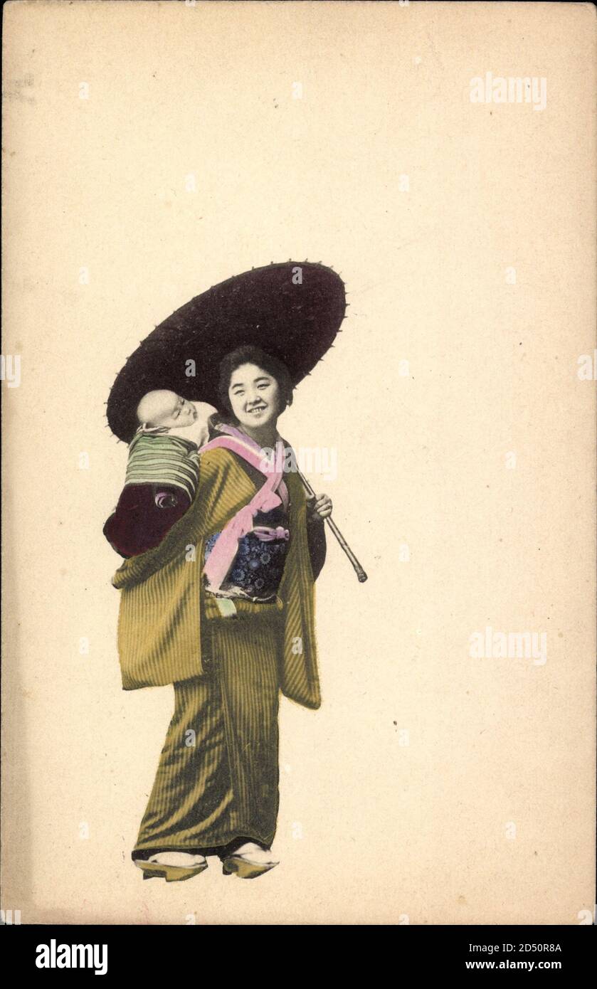 Japan Japanerin Mit Ihrem Kind Auf Dem Rücken Schirm Kimono Usage 8853