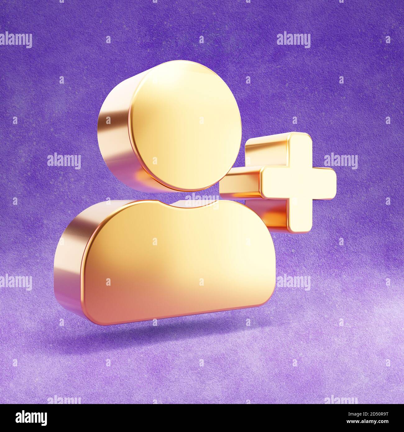 Add user icon. Gold glossy Add user symbol isolated on violet velvet ...