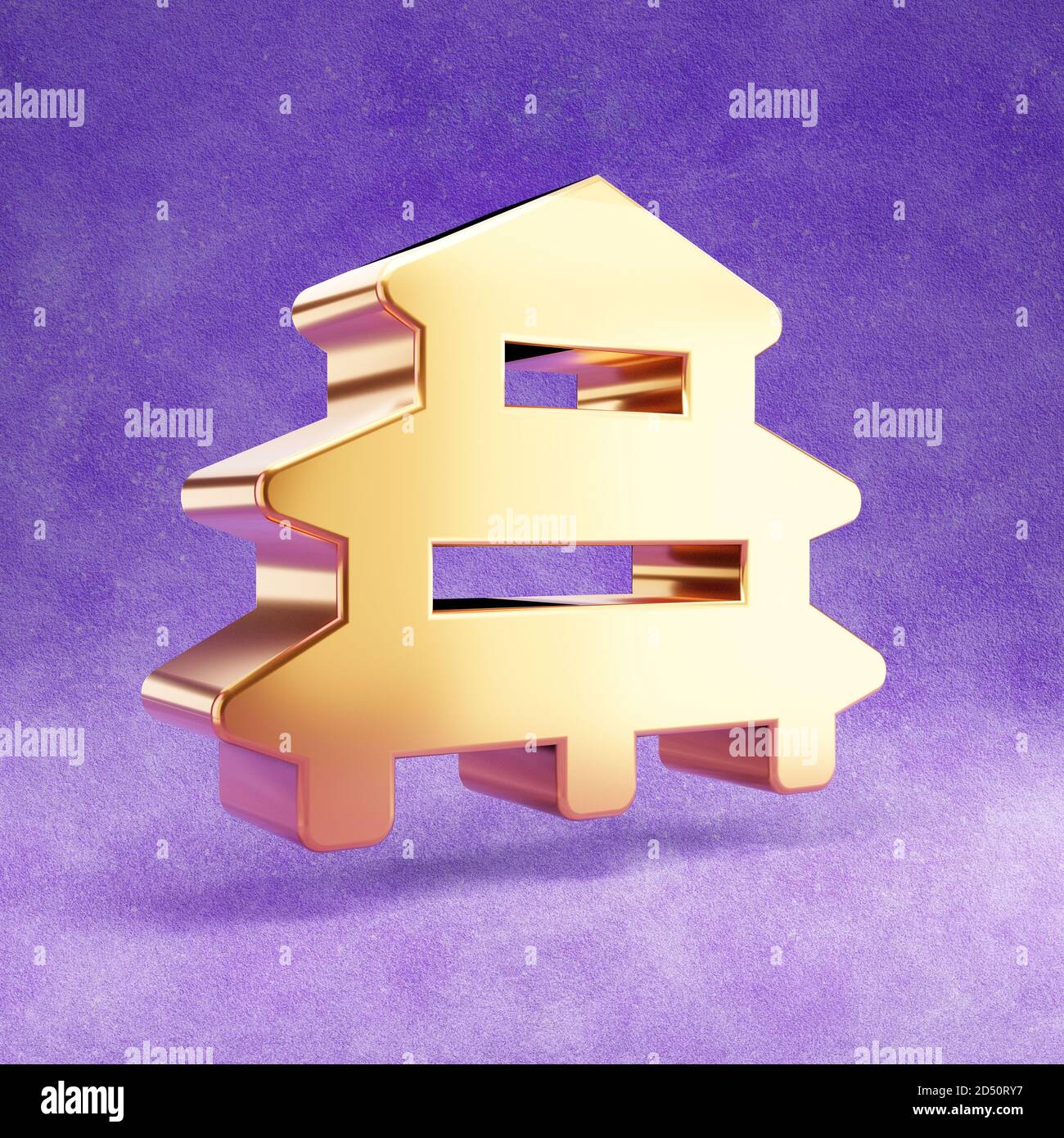 Vihara icon. Gold glossy Vihara symbol isolated on violet velvet ...