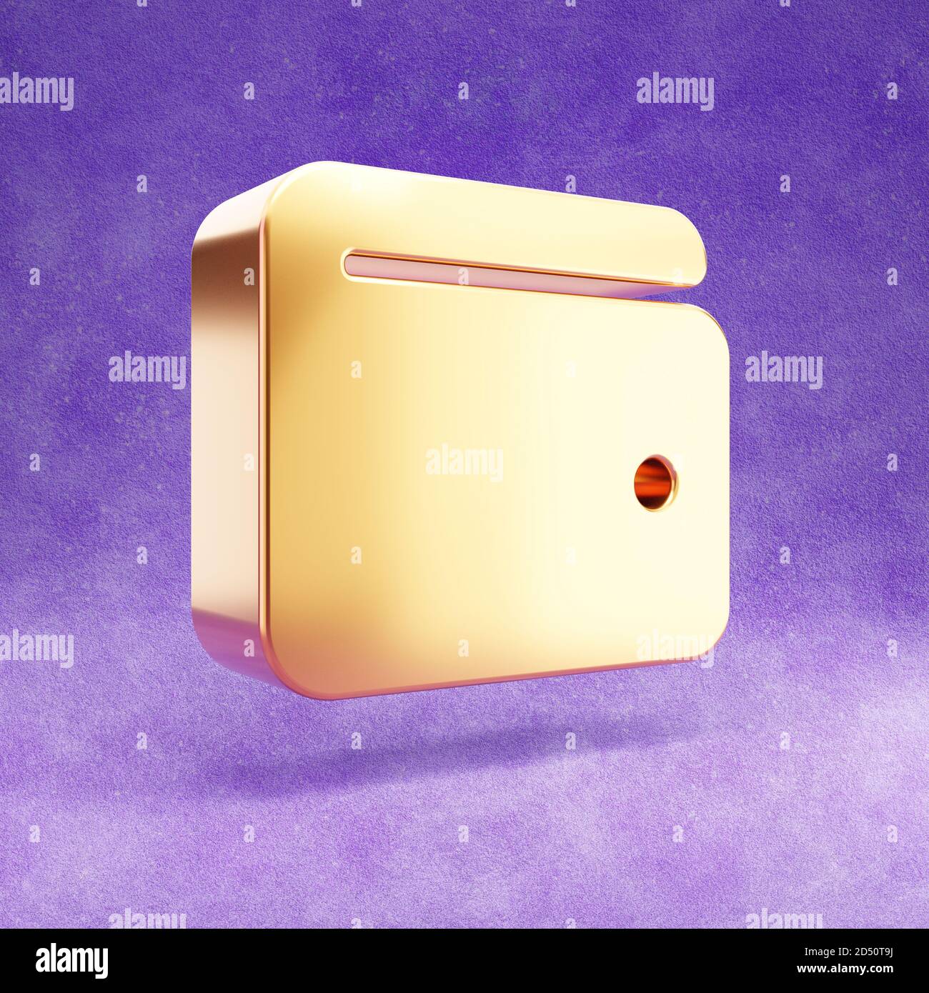Wallet icon. Gold glossy Wallet symbol isolated on violet velvet ...