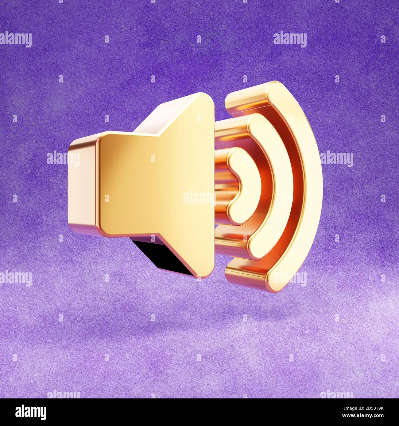 Volume up icon. Gold glossy Volume up symbol isolated on violet velvet ...