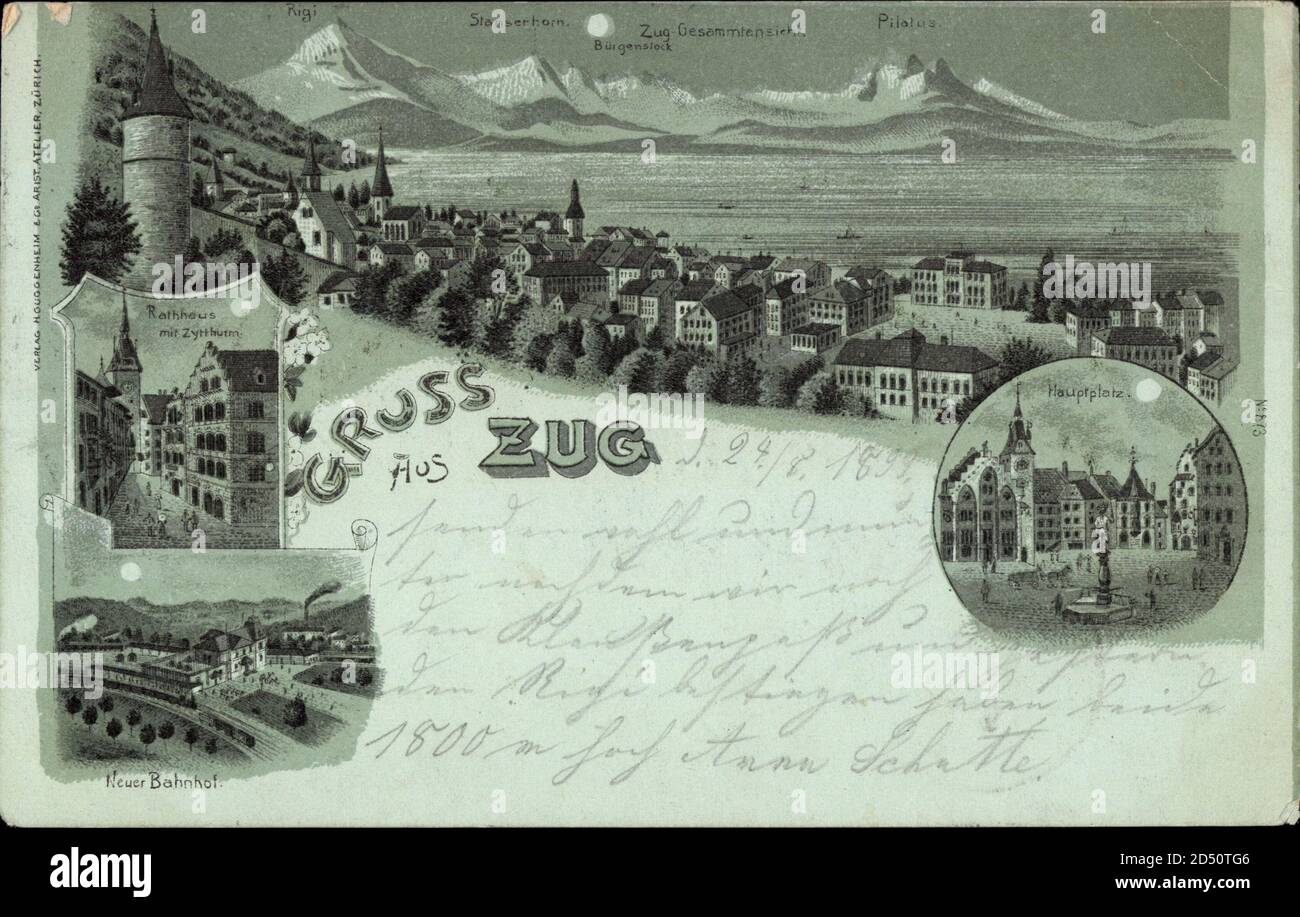 Mondschein Zug, Rathaus mit Zytturm, Hauptplatz, Neuer Bahnhof, Pilatus ...